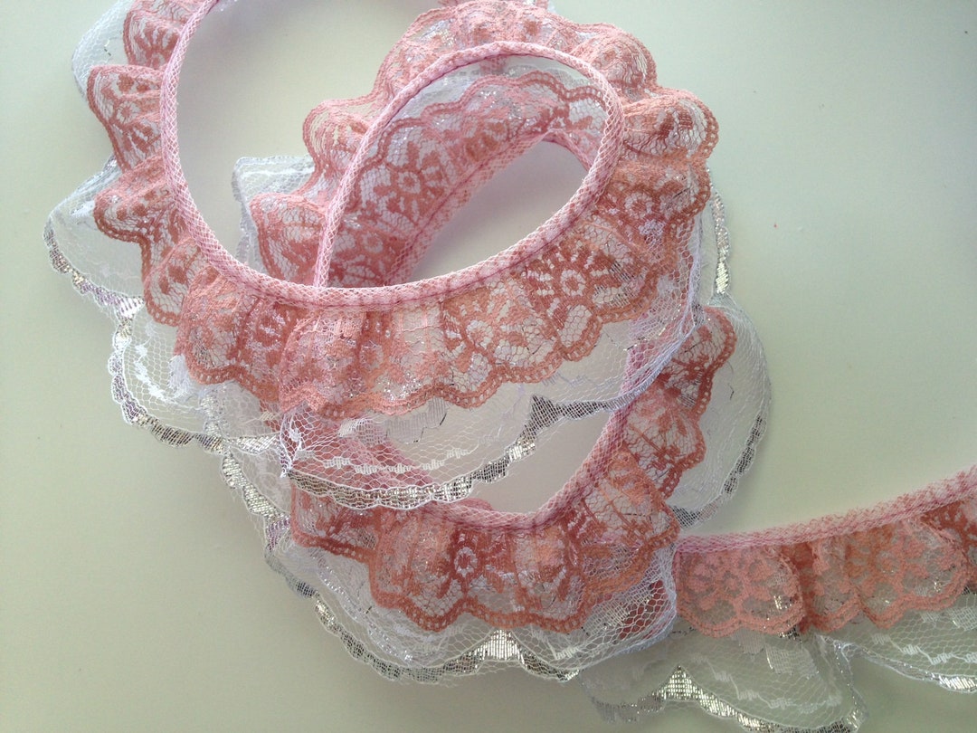 Double Ruffled Scalloped Edge Lace Trim, Dusty Rose and Silver, 2 Tier ...