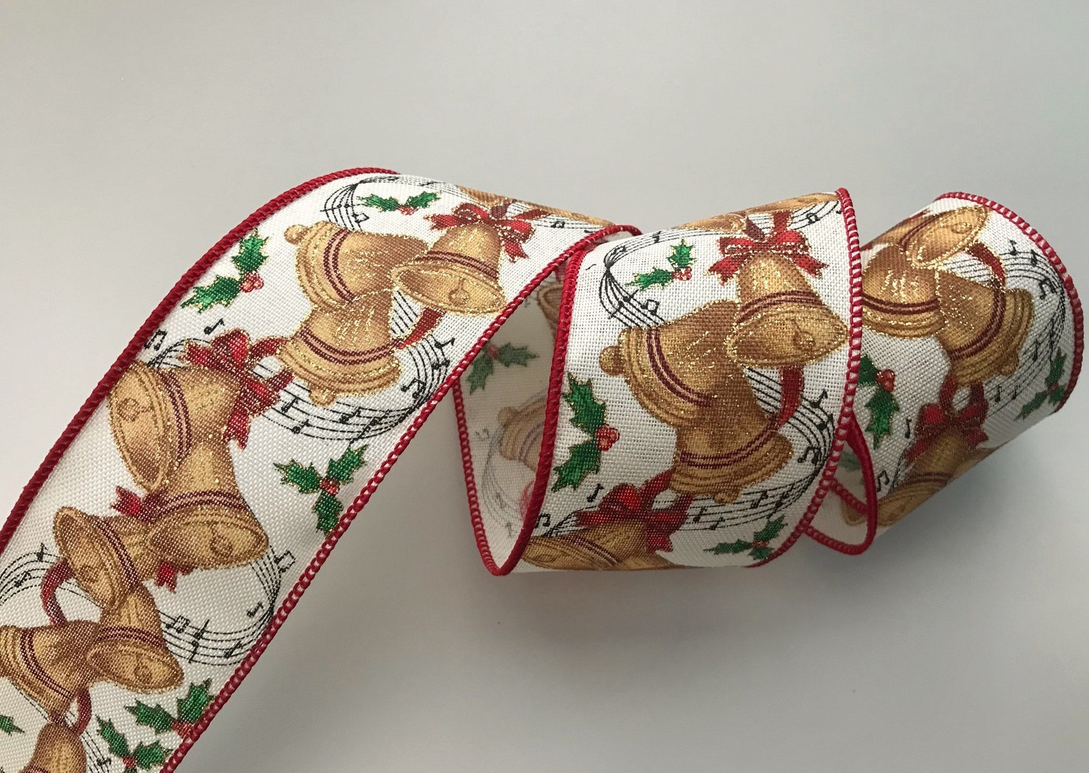 Christmas Ribbon, Gold Bells With Red Bows and Music Notes, 2 1/2" Wide ...