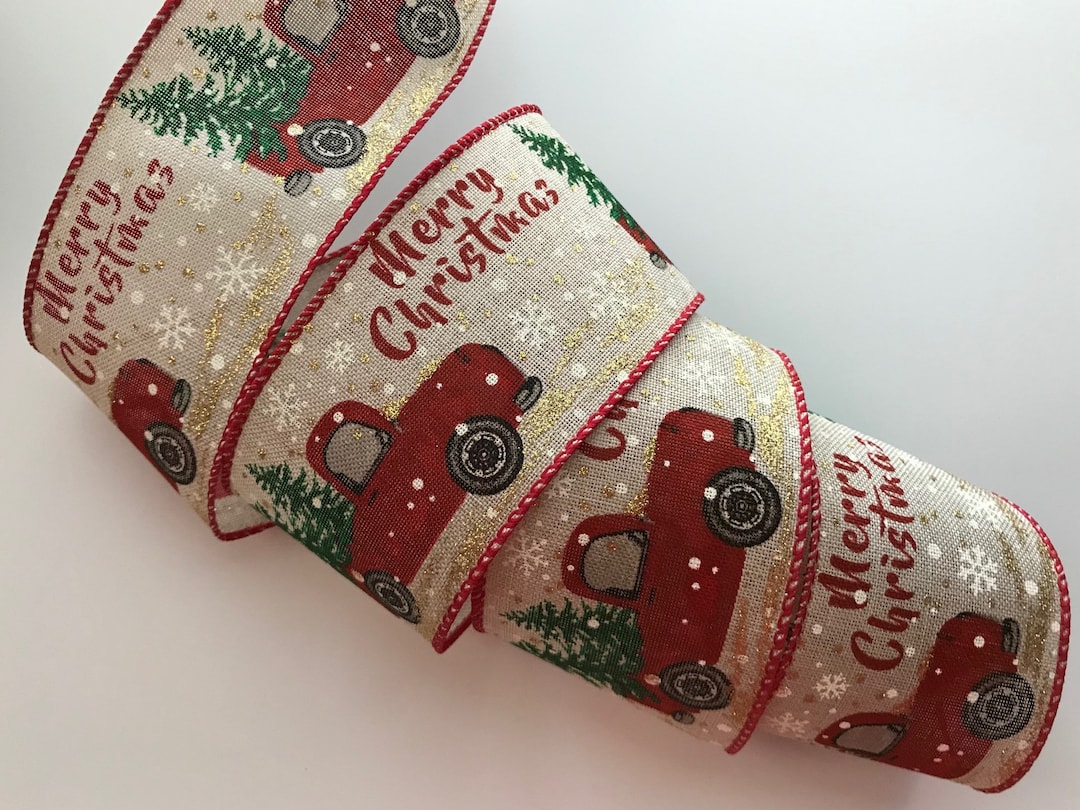 Christmas Ribbon, Red Truck With Tree and Merry Christmas, 2 1/2" Wide ...