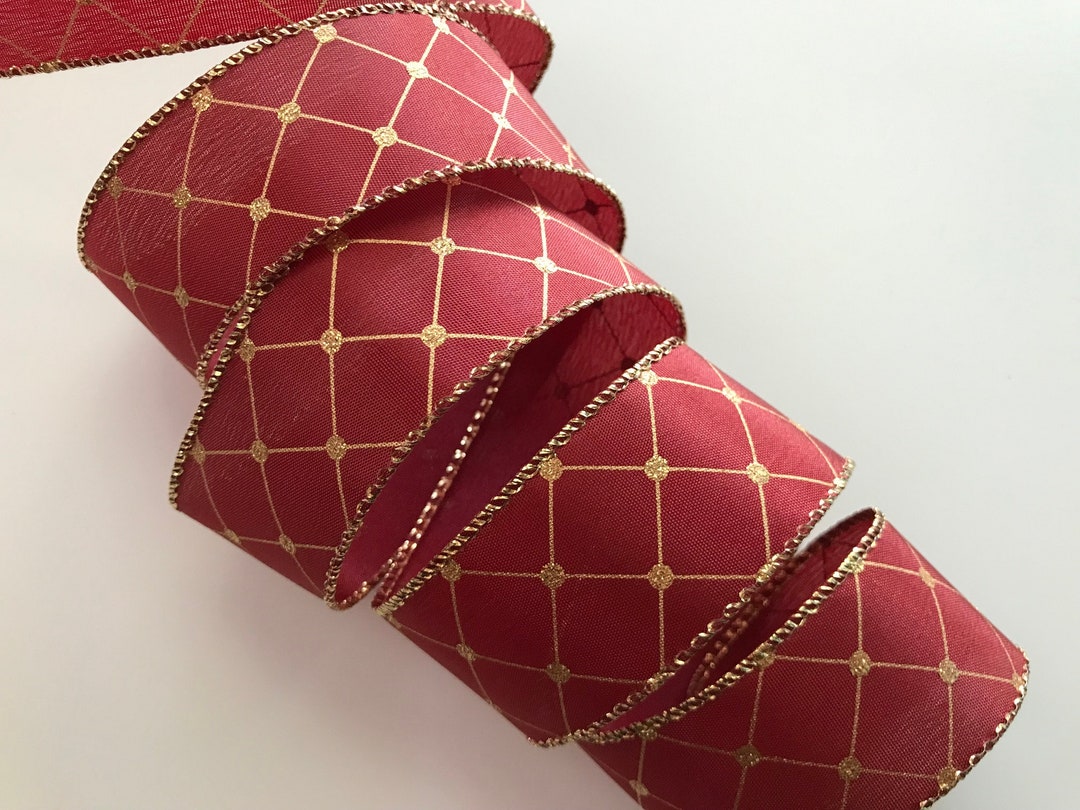 Christmas Ribbon, Burgundy and Gold, 1 1/2" Wide, Wired Ribbon for ...