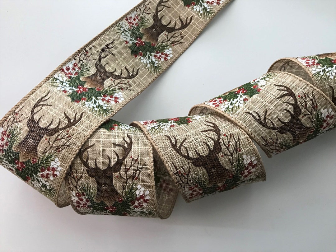 Christmas Ribbon, Tan With Deer Head and Holly, 2 1/2" Wide, Wired Edge ...