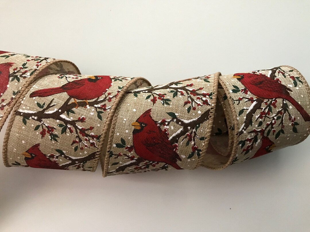 Christmas Ribbon, Cardinal on Snowy Branch, 2 1/2" Wide, Wired Ribbon ...