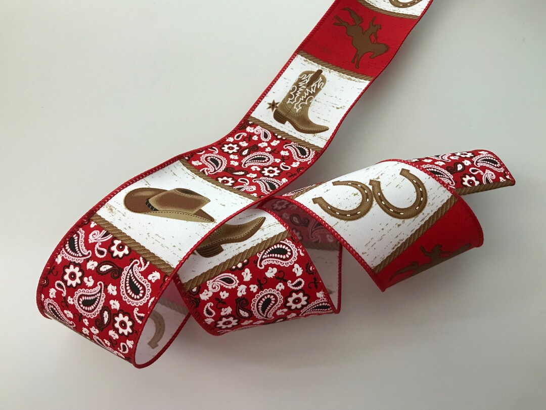 Cowboy Western Ribbon, Red White and Brown, 2 1/2" Wide, Wired Ribbon ...