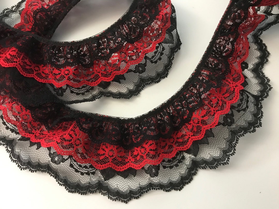 Red and Black Triple Ruffled Lace Trim, 3 Tier Lace, Apparel, Doll ...
