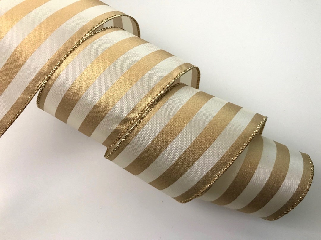 Christmas Ribbon, Ivory and Metallic Gold, 2 1/2" Wide, Wired Ribbon ...