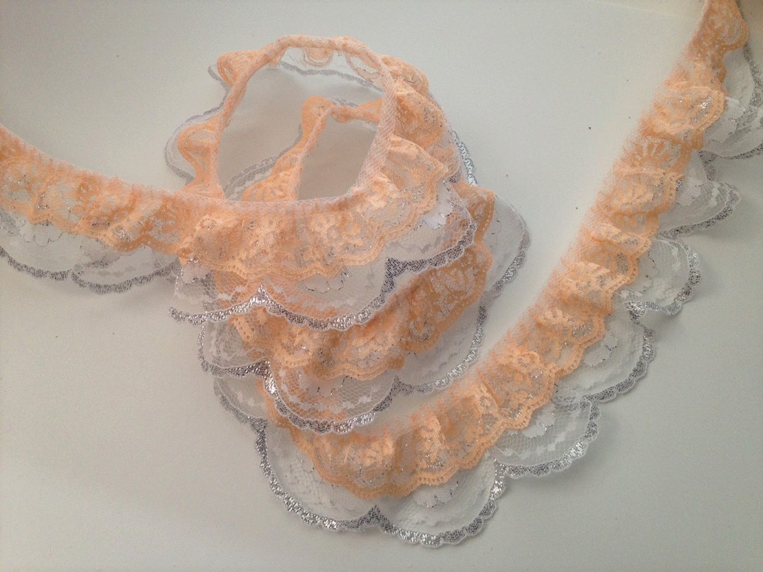 Double Ruffled Scalloped Edge Lace Trim, Peach and Silver, 2 Tier Lace ...