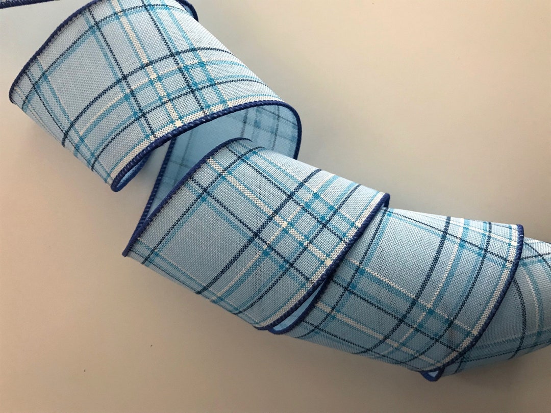 Multicolor Plaid Ribbon, Blue Navy and White, 2 1/2" Wide, Wired Edge ...