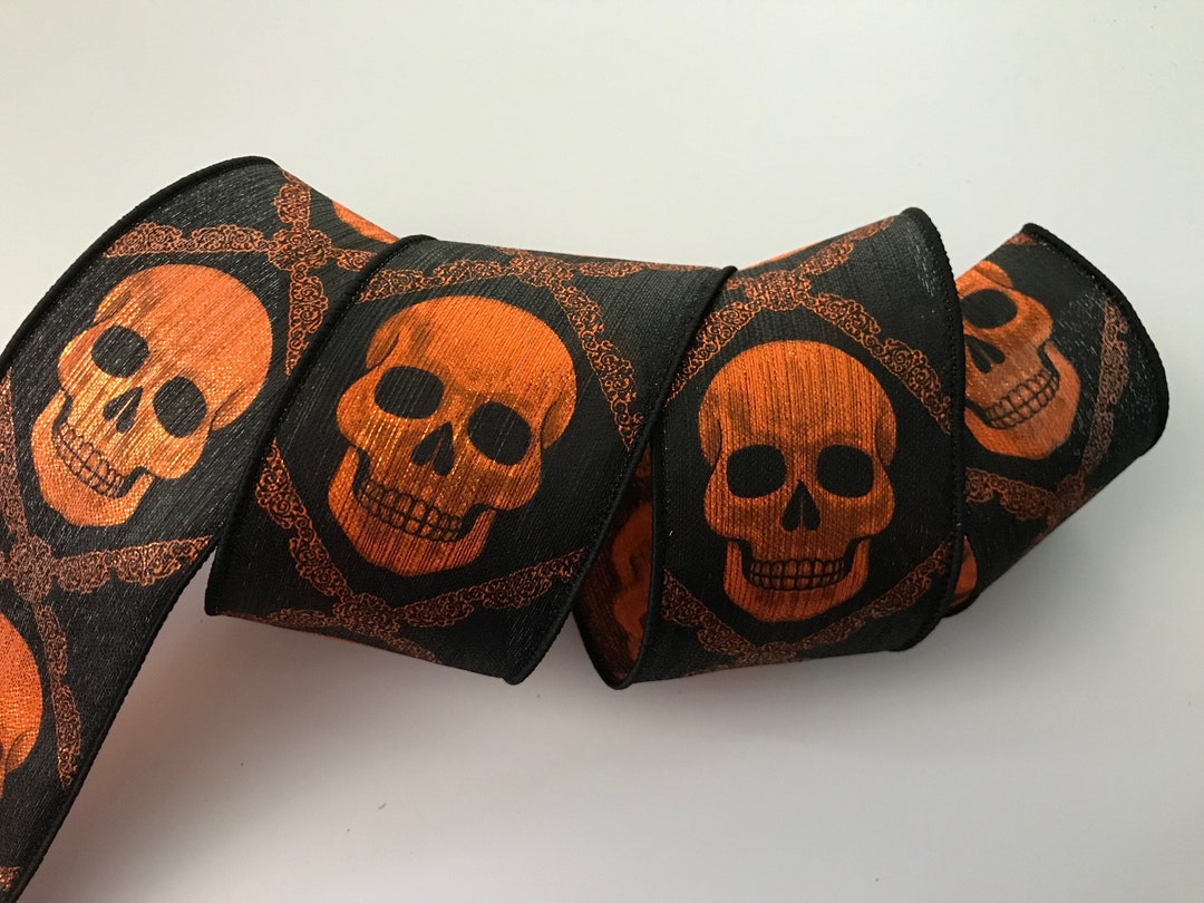 Metallic Skulls Ribbon, Black and Orange, 2 1/2" Wide, Wired Ribbon for ...