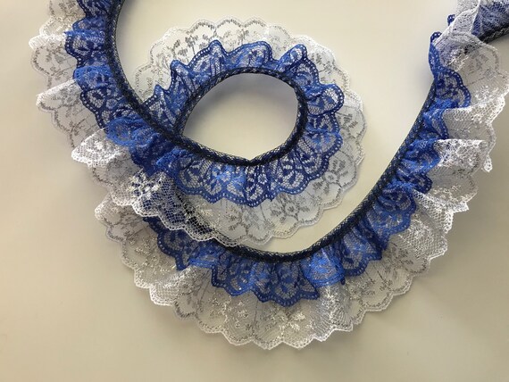 Double Ruffled Lace Trim Royal Blue and Silver 2 YARDS | Etsy