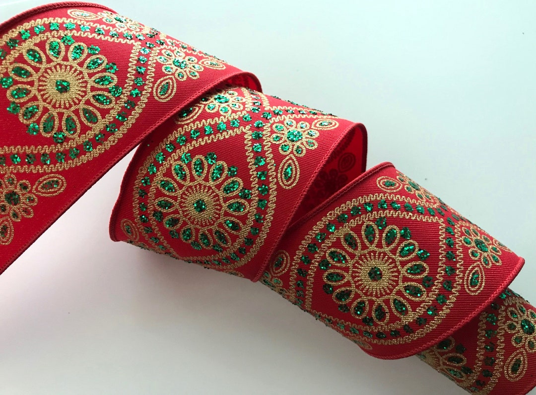 Christmas Ribbon, Red and Metallic Gold & Green, 2 1/2" Wide, Wired ...