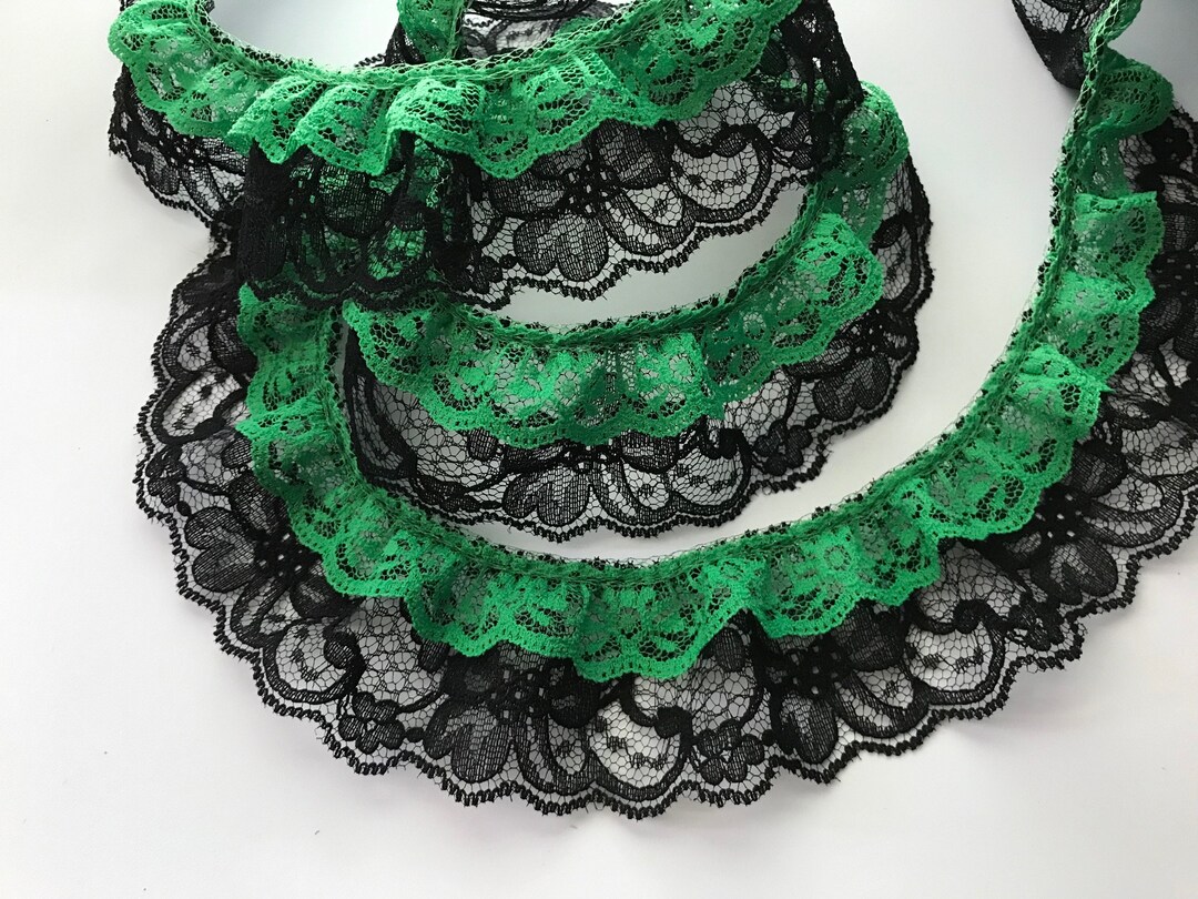 Double Ruffled Lace Trim, Emerald Green and Black, 2 Tier Lace for ...