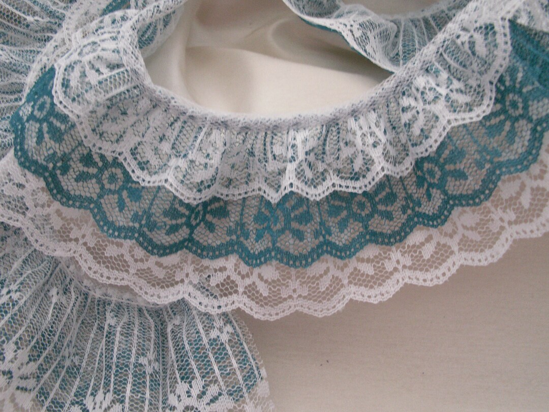 Triple Ruffled Lace Trim, White and Teal, 3 Tier Lace for Apparel, Doll ...