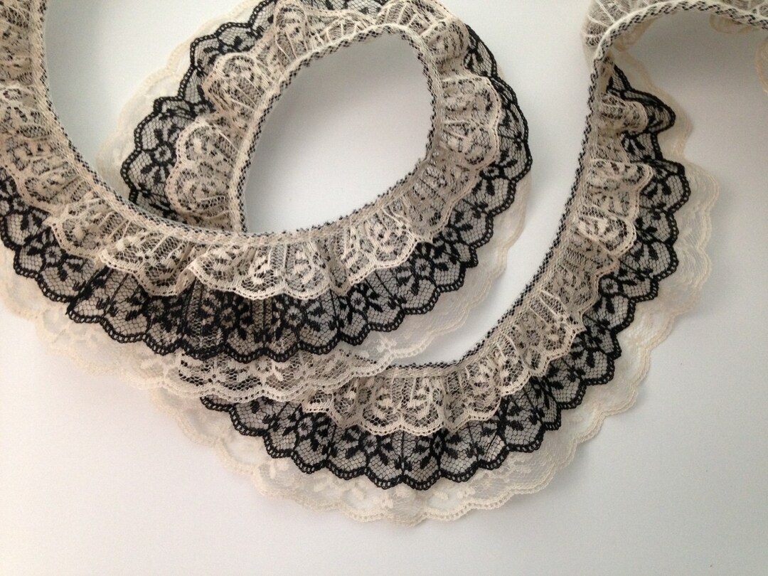 Triple Ruffled Lace Trim, Natural and Black, 3 Tier Lace Trim, Apparel ...