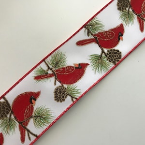 Christmas Ribbon, Cardinal on Pine Branch, 2 1/2" Wide, Wired Ribbon ...