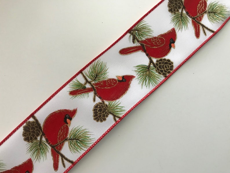 Christmas Ribbon, Cardinal on Pine Branch, 2 1/2" Wide, Wired Ribbon ...