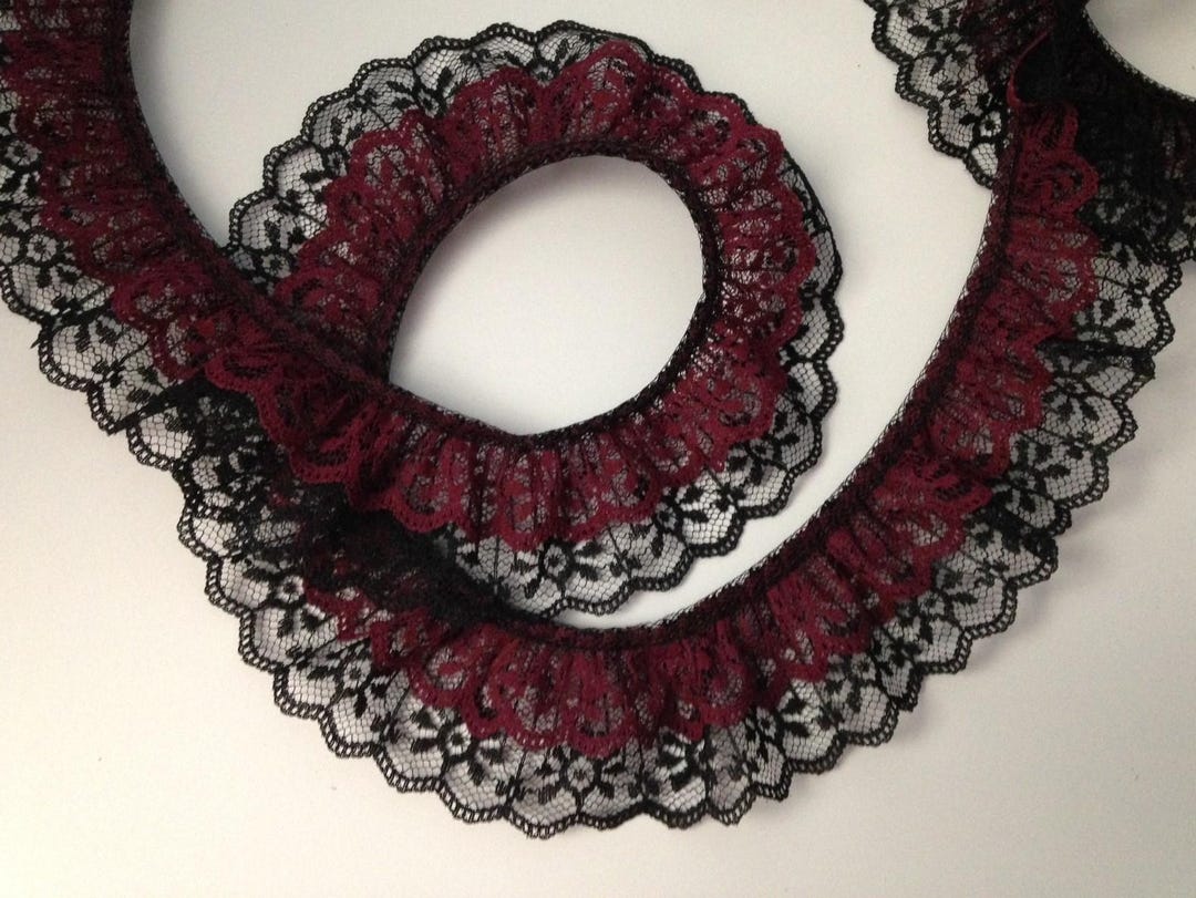 Double Ruffled Lace Trim, Wine and Black Lace, 2 YARDS, Candlewick Lace ...