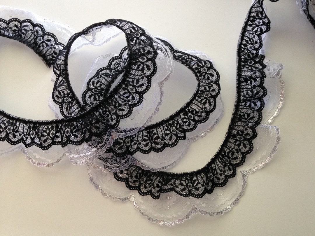 Double Ruffled Scalloped Edge 2 Tier Lace Trim, Black and Silver ...