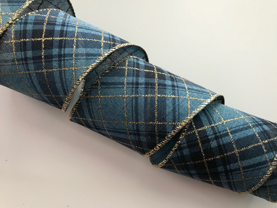 Christmas Ribbon, Teal Blue and Gold Plaid, 2 1/2 Wide, Wired Ribbon ...