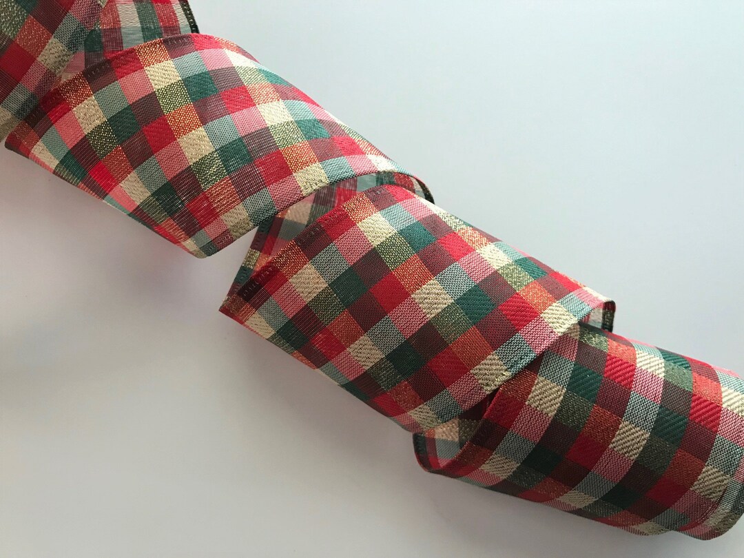 Christmas Ribbon, Red Green Cream Gold Plaid Check, 2 1/2" Wide, Wired ...