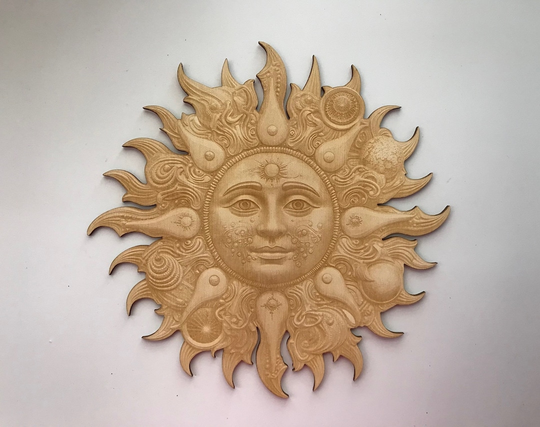Sun Face Wood Plaque, Laser Cut Engraved Wood, Celestial Wall Art, Home ...