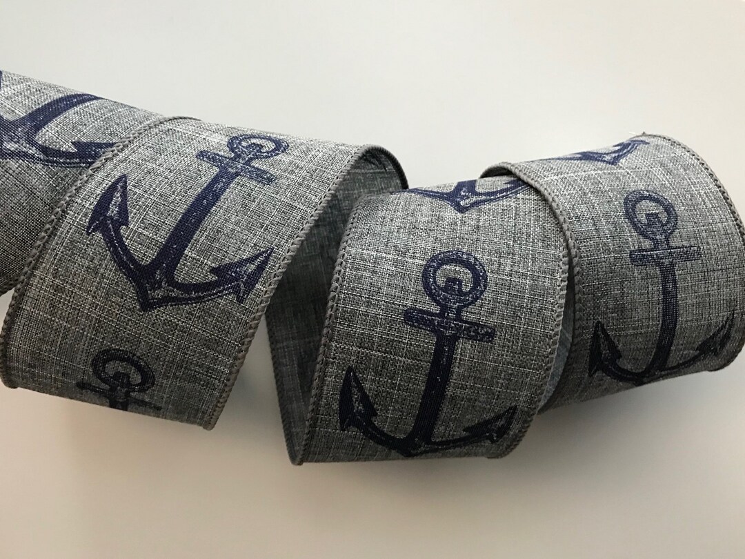 Gray and Navy Anchor Ribbon, 2 1/2" Wide, Wired Edge Ribbon for ...