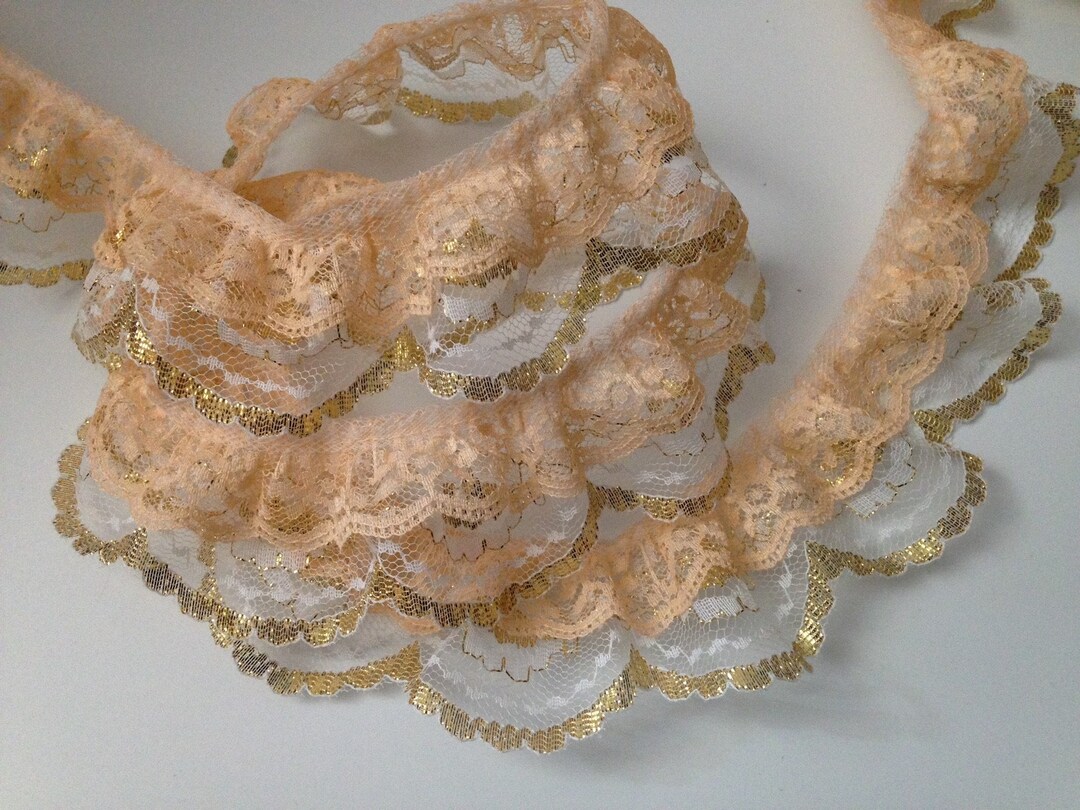 Double Ruffled Scalloped Edge Lace Trim, Peach and Gold, 2 Tier Lace ...