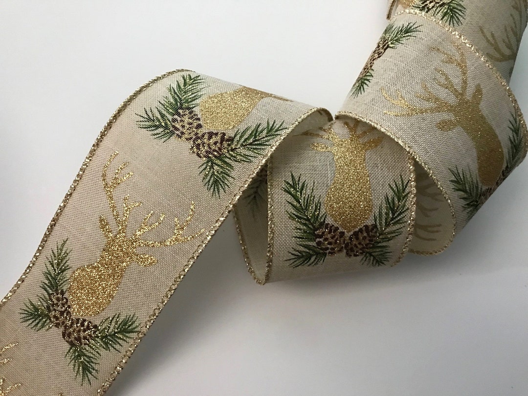 Christmas Ribbon, Tan With Gold Reindeer and Pine Cones, 2 1/2" Wide ...