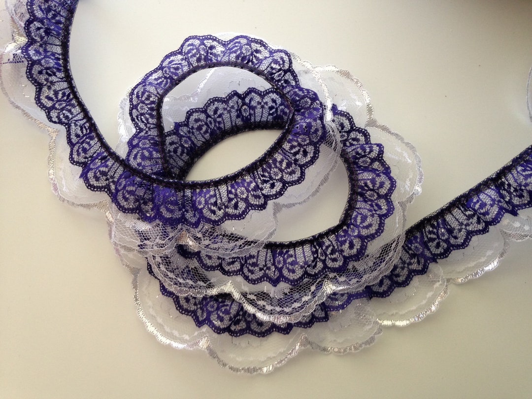Double Ruffled Scalloped Edge Lace Trim, Purple and Silver, 2 Tier Lace ...