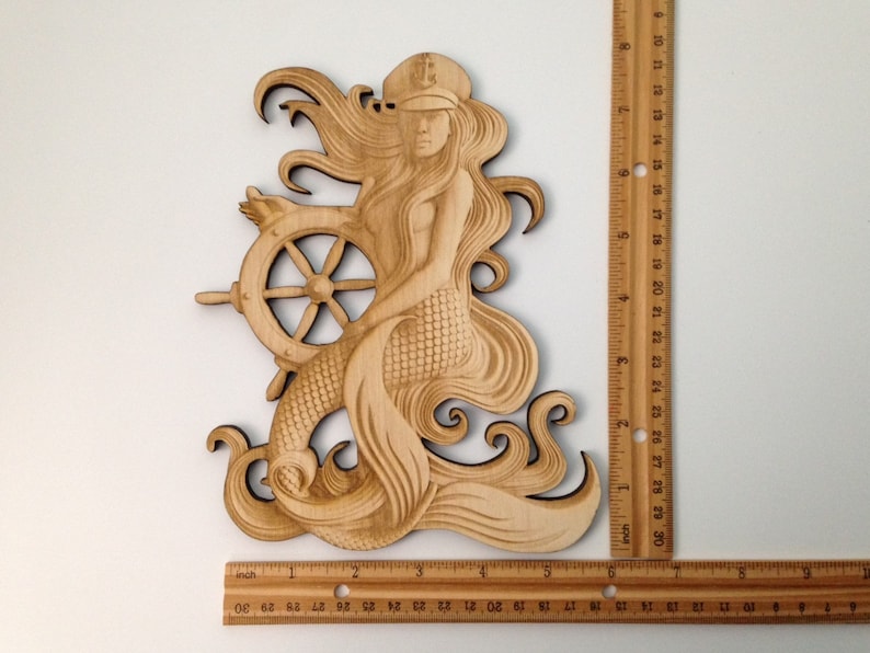 Wooden Mermaid With Nautical Wheel Laser Cut and Engraved - Etsy