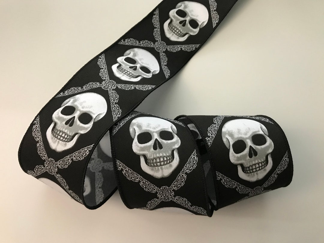 Black and White Skulls Ribbon, 2 1/2" Wide, Wired Edge Ribbon for ...