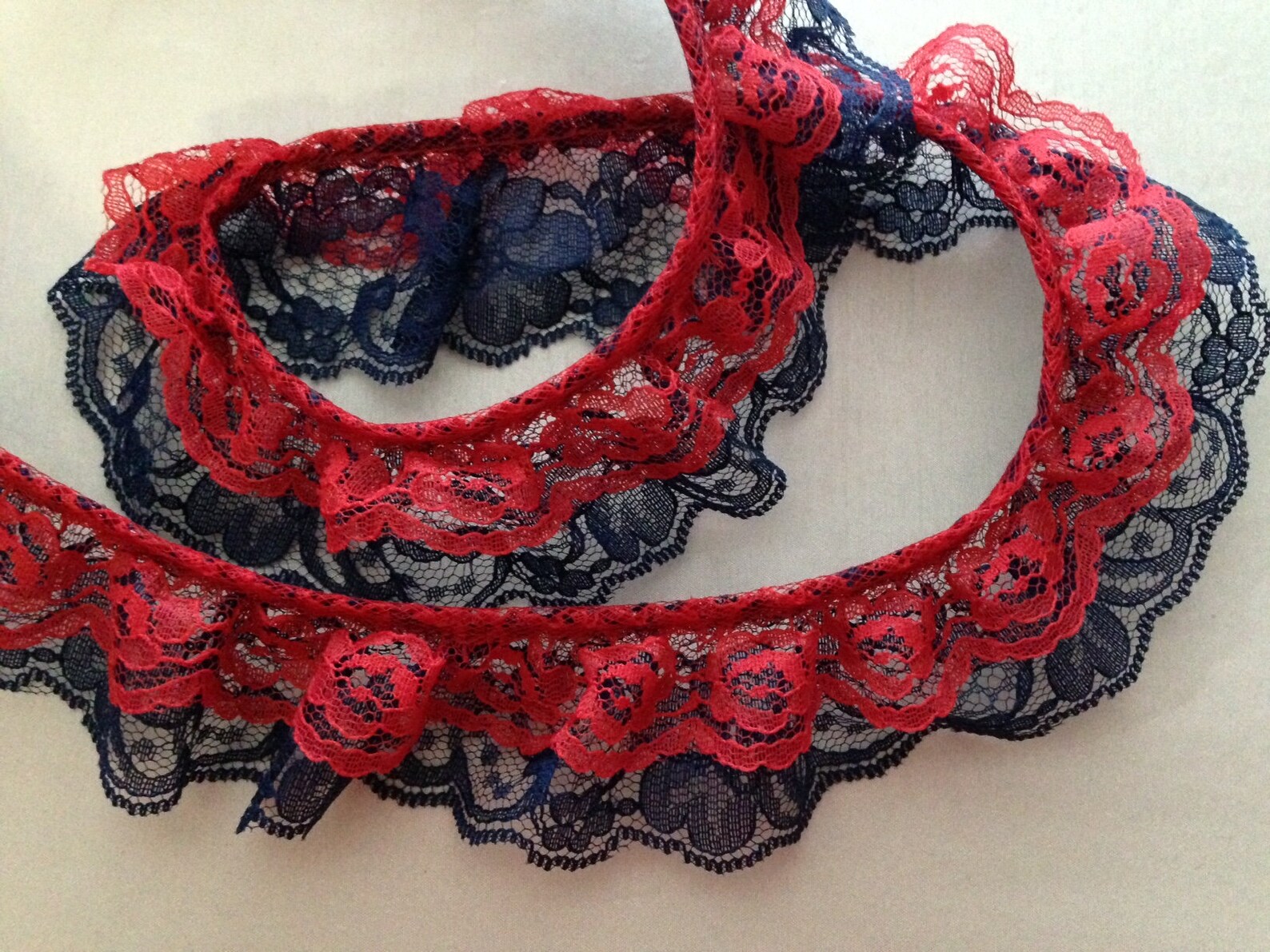 Red and Navy Double Ruffled Lace Trim, 2 Tier Lace Trim for Apparel ...