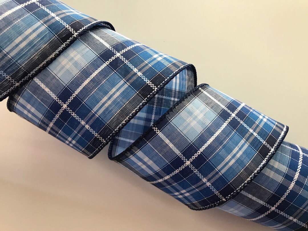 Navy Blue and White Plaid Ribbon, 2 1/2" Wide, Wired Ribbon for Bows ...
