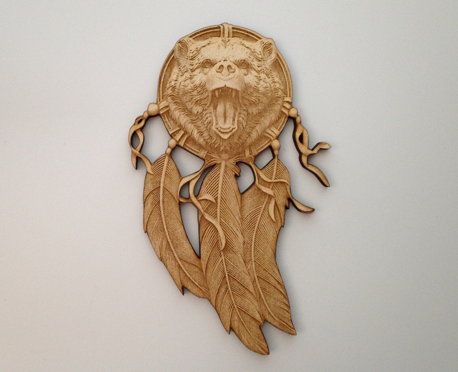 Bear With Feathers Wood Ornament, Native American Decor, Tribal Art ...