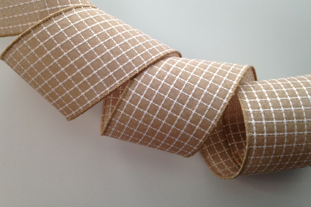 Beige and White Embroidered Stitched Ribbon, 2 1/2" Wide, Wired Ribbon ...