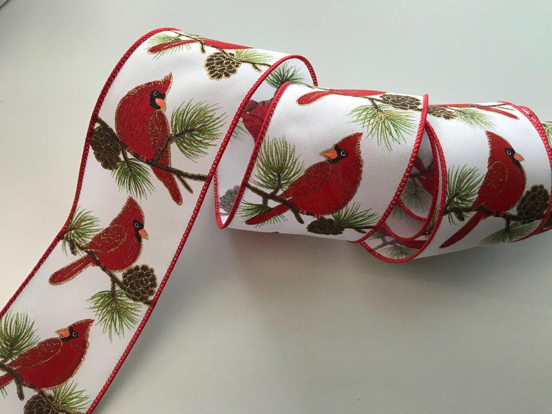 Christmas Ribbon, Cardinal on Pine Branch, 2 1/2" Wide, Wired Ribbon ...