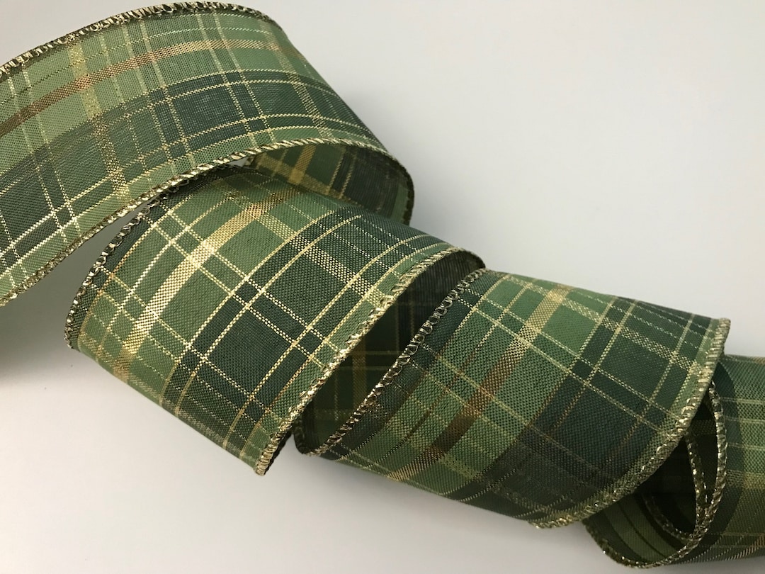 Green and Metallic Gold Plaid Ribbon, 2 1/2" Wide, Wired Ribbon for ...