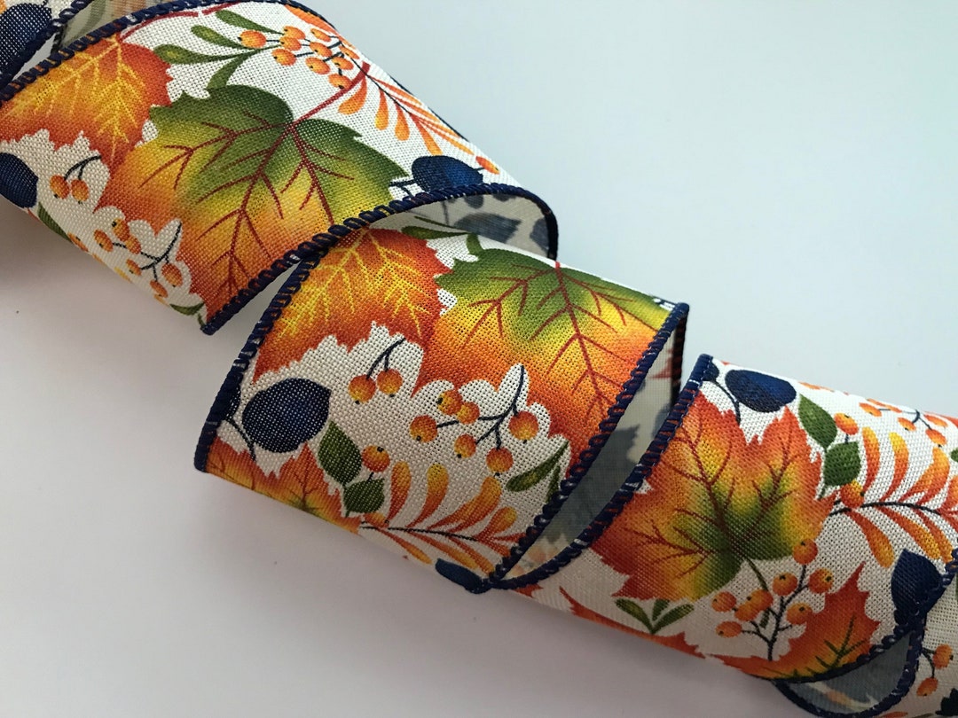 Fall Leaves Ribbon, Navy Blue and Orange, 2 1/2" Wide, Wired Ribbon for ...