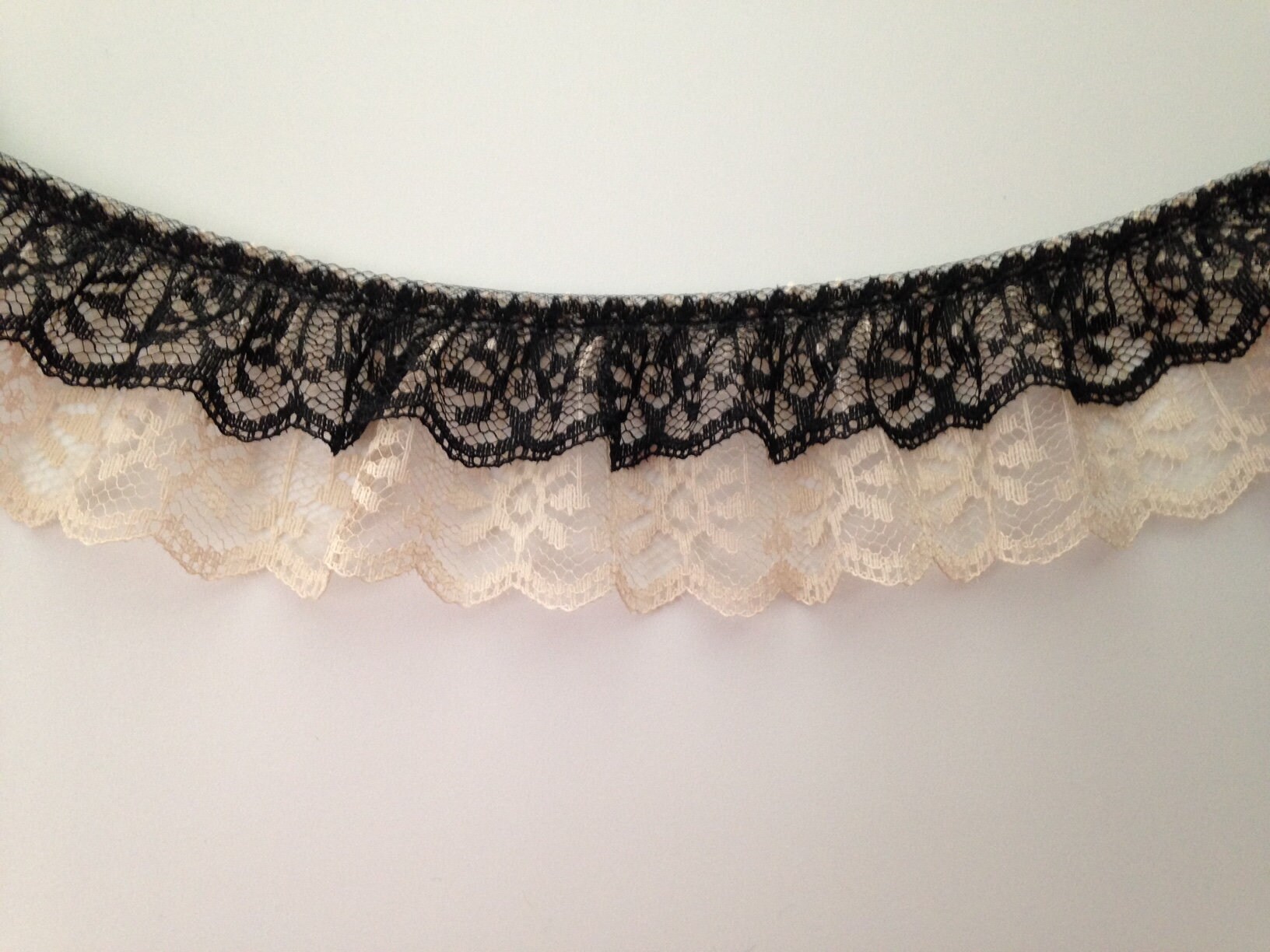 Black and Beige Double Ruffled Lace Trim, 2 Tier Candlewick Lace ...