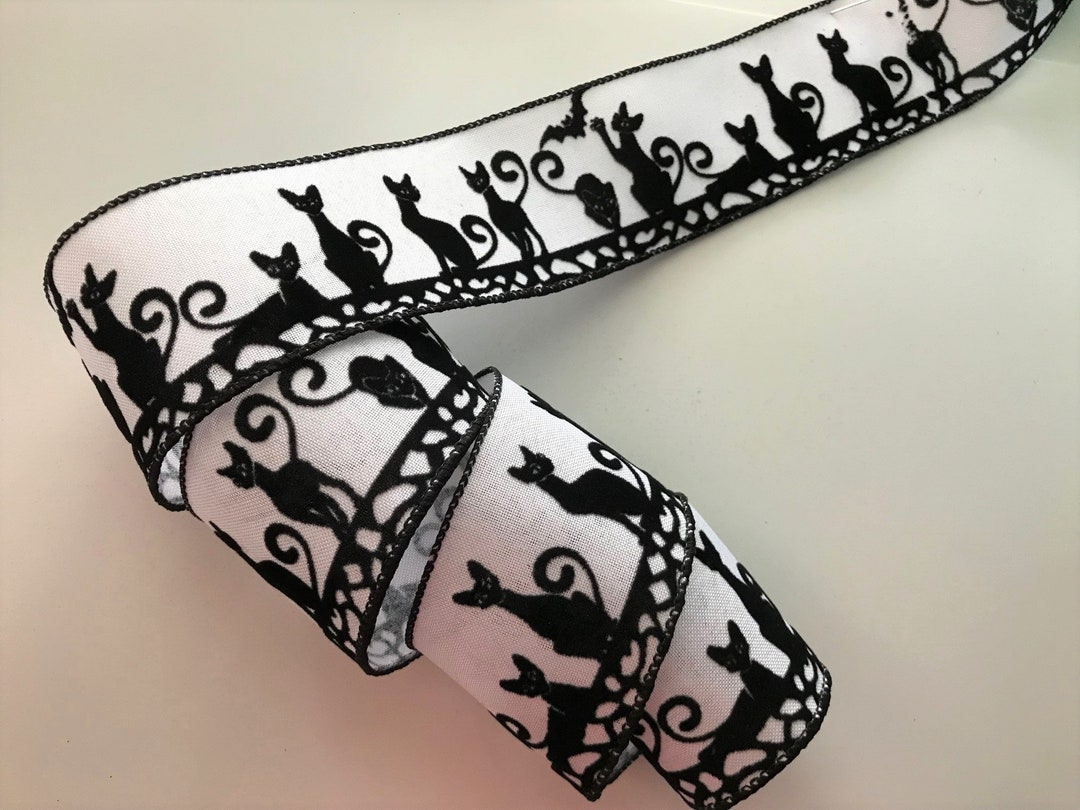 Halloween Ribbon, Black Cats and Bats, 2 1/2" Wide, Wired Ribbon for ...