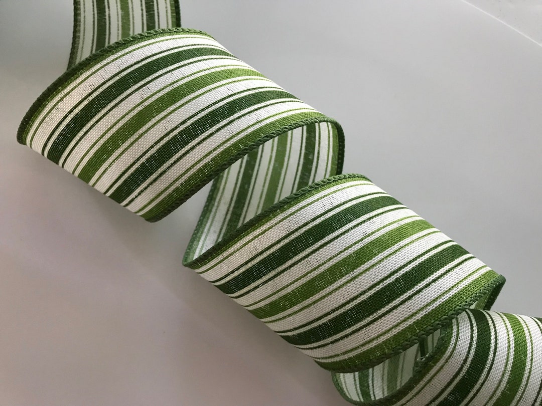 Green and White Stripes Ribbon, 2 1/2" Wide, Wired Ribbon for Bows ...