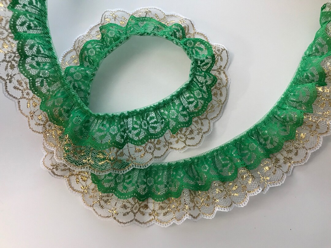 Double Ruffled Lace Trim, Emerald Green & Gold, 2 YARDS, Candlewick 2 ...