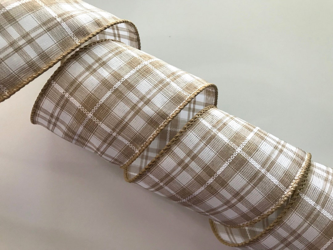 Beige and White Plaid Ribbon, 2 1/2" Wide, Wired Ribbon for Bows ...
