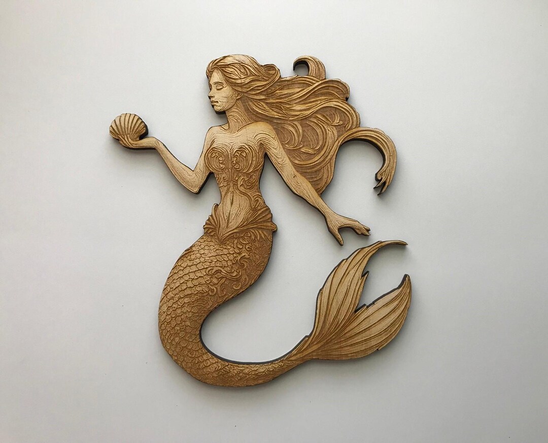 Wooden Mermaid, Laser Cut and Engraved Wood, Sea Life Wall Art ...