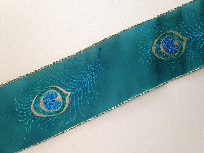 Teal Ribbon With Sparkle Peacock Feather Design 2 1/2 - Etsy