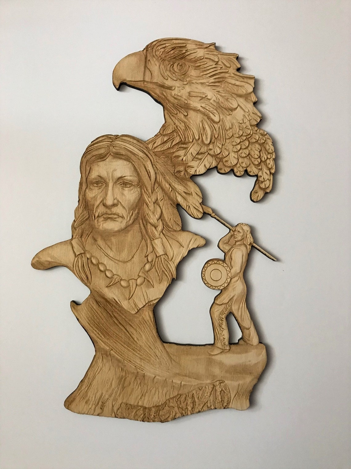 Native American With Eagle, Laser Cut and Engraved Wood, Native ...