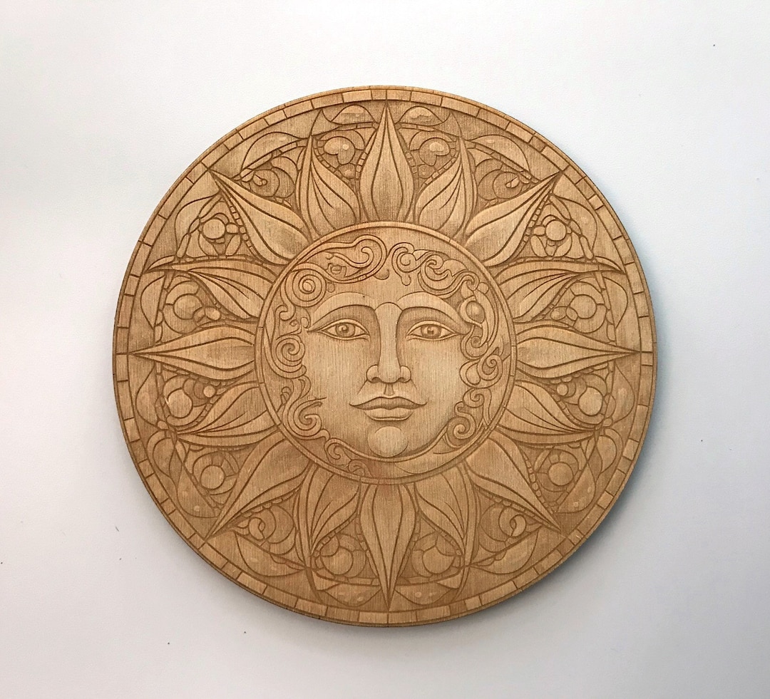 Sun Face Wood Plaque, Laser Cut Engraved Wood, Celestial Wall Art, Home ...
