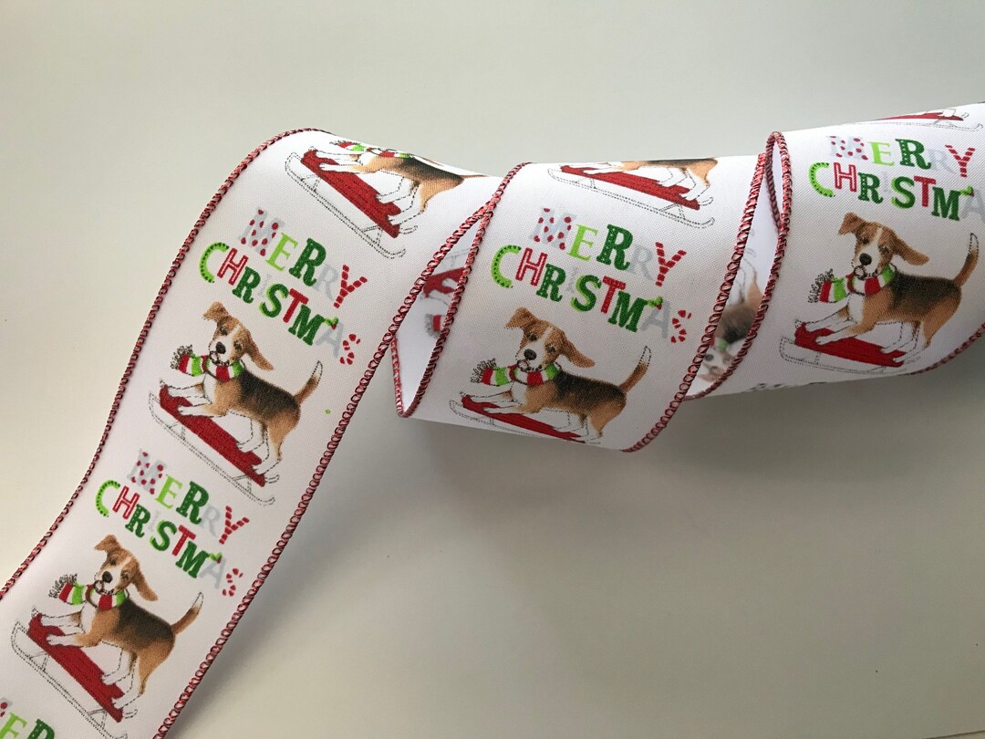 Christmas Ribbon, Beagle With Sled, 2 1/2" Wide, Wired Ribbon for ...