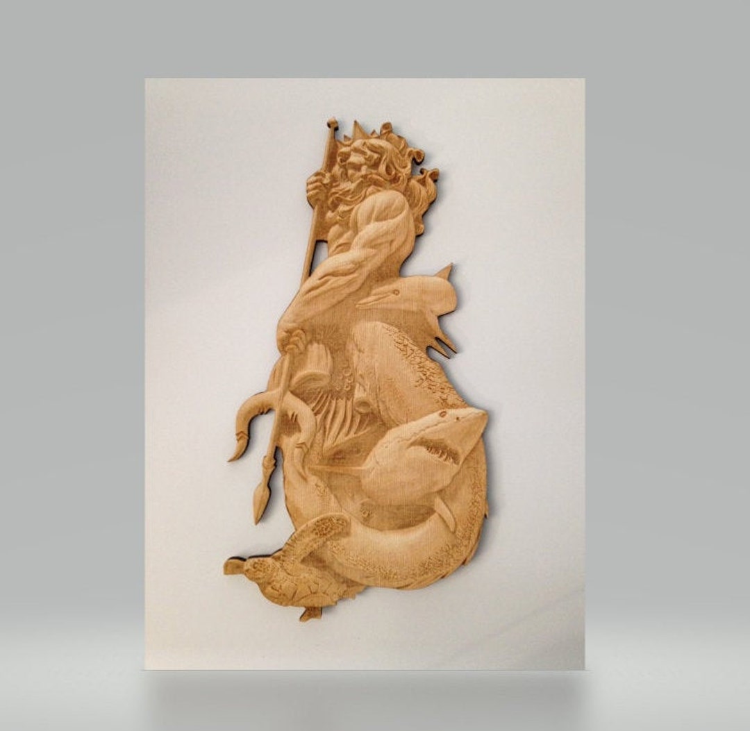Wooden King Neptune, God Poseidon, Laser Cut and Engraved Wood, Sea ...