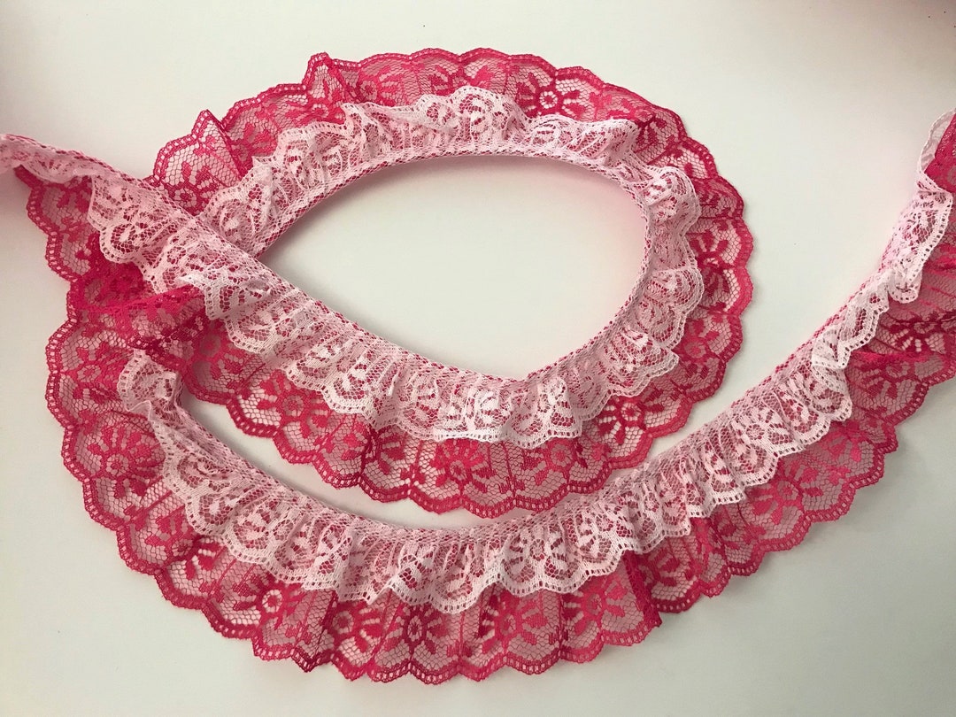 Double Ruffled Lace Trim, White and Hot Pink, Candlewick 2 Tier Lace ...