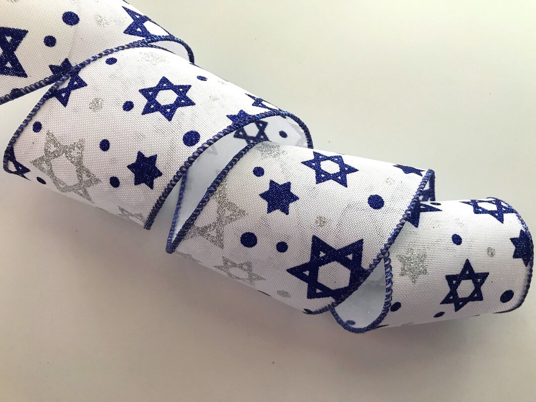 Star of David Ribbon, White Royal Blue & Silver, 2 1/2" Wide, Wired ...